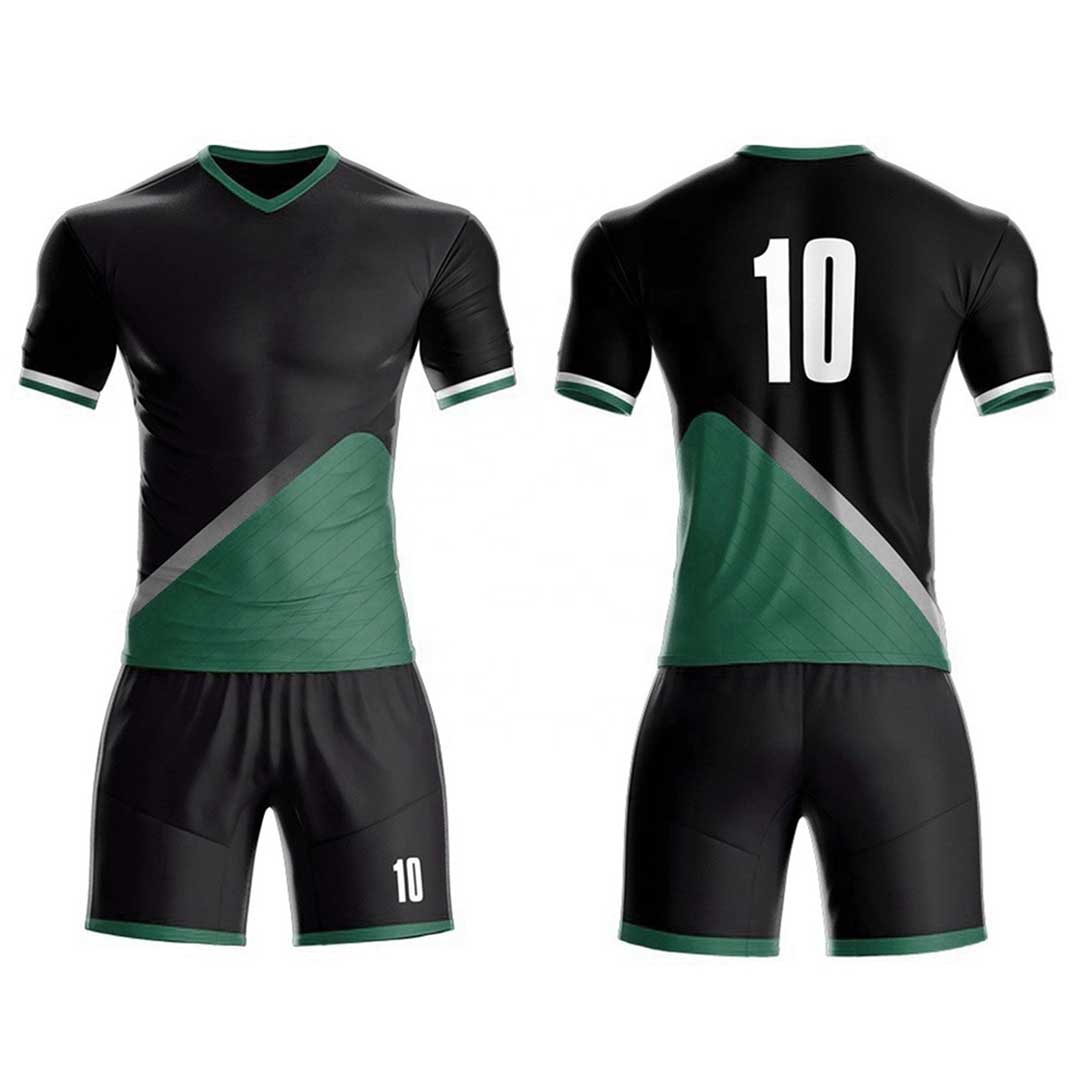 Custom Sublimation Soccer Kit – Black with Diagonal Green Panel Design – Uniform Impex